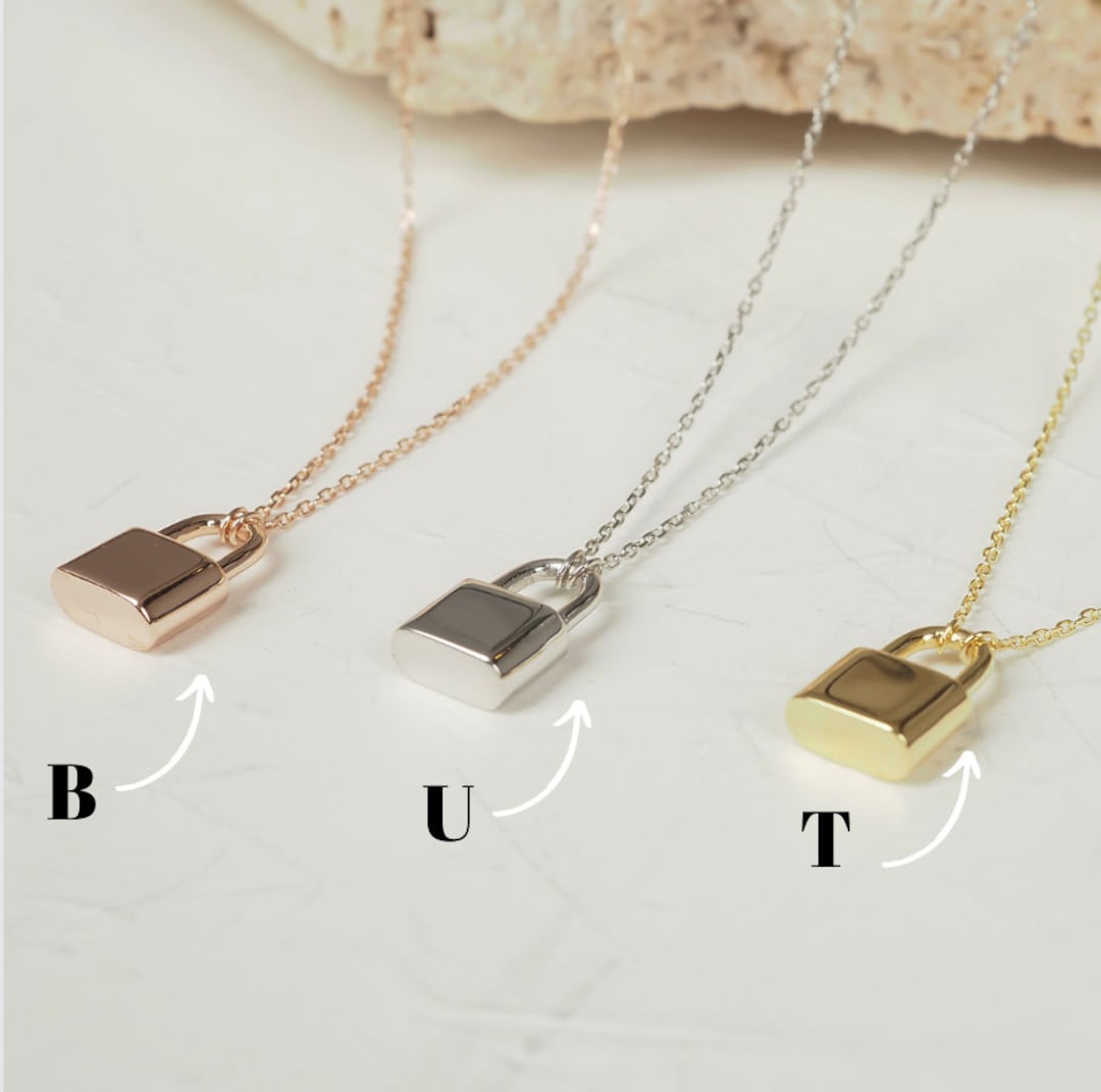 14K Solid Gold Engraved Lock Necklace, Padlock Initial Pendant, Key ...
