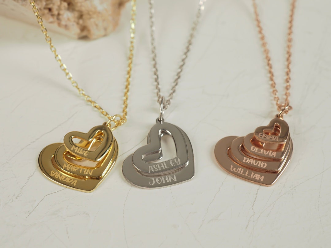 14k Solid Gold Multiple Heart Name Necklace, Personalized Kids Name ...