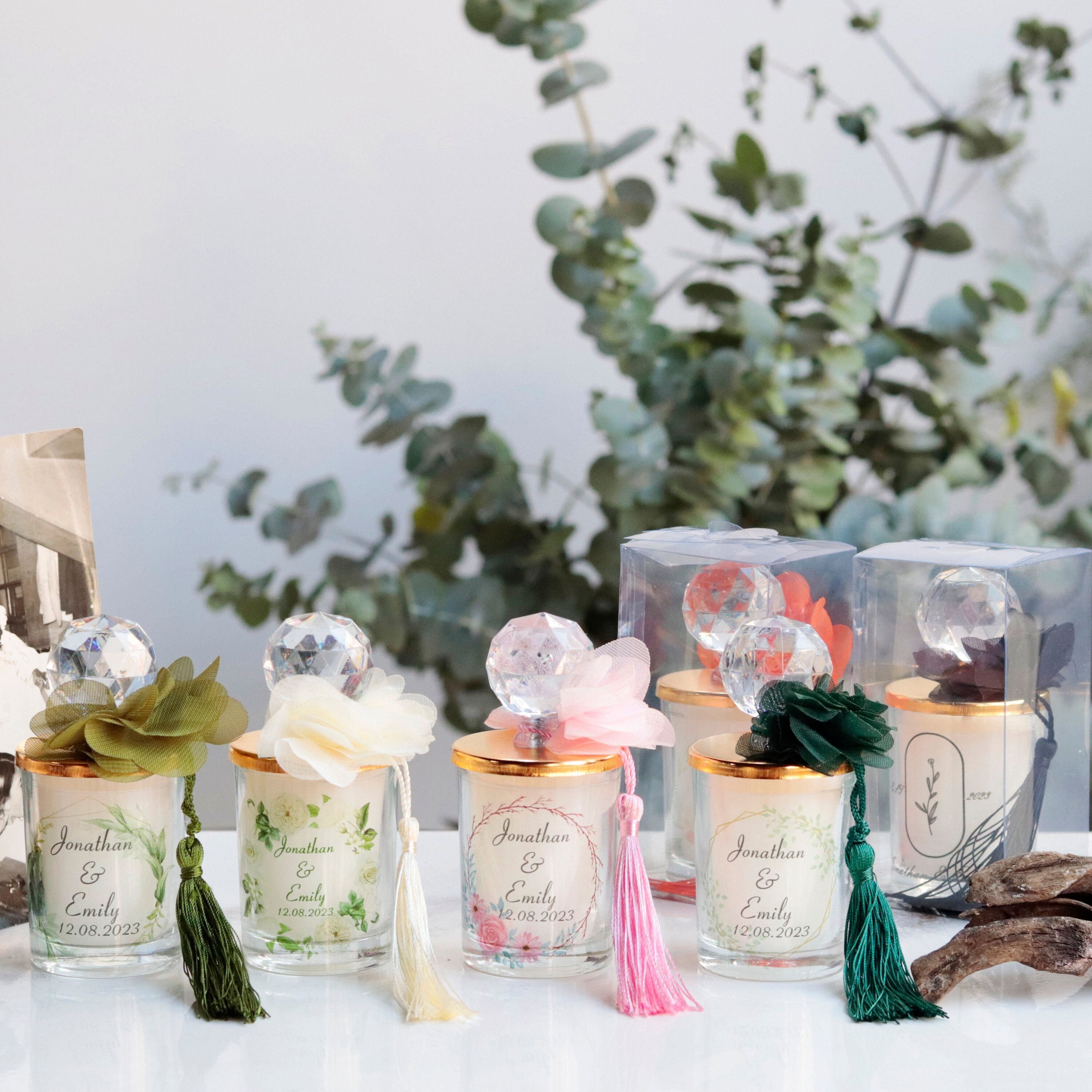 Personalized Candle Favors | Crystal Lid, Tassel | Wedding, Shower ...