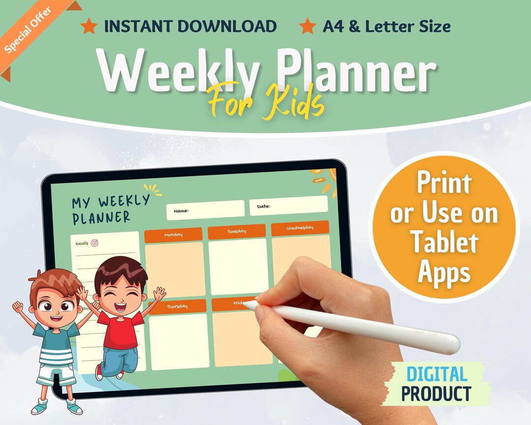 Single Page Kids Planner, Printable Kids Weekly Planner, Kids Schedule ...