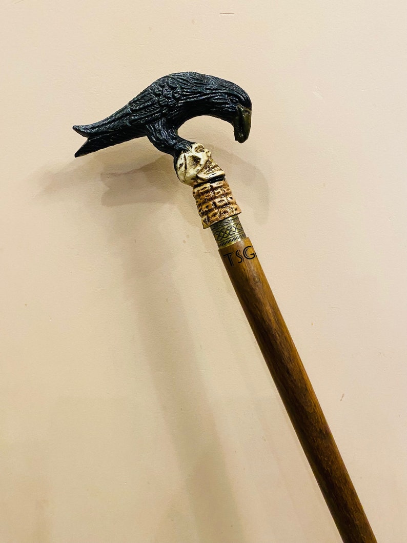 Falconry Walking Cane Fancy Skull & Crow Hand Carved Hand Art - Etsy