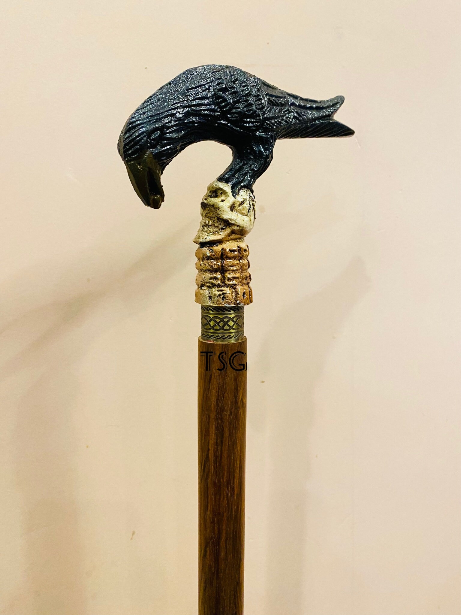 Falconry Walking Cane Fancy Skull & Crow Hand Carved Hand Art - Etsy