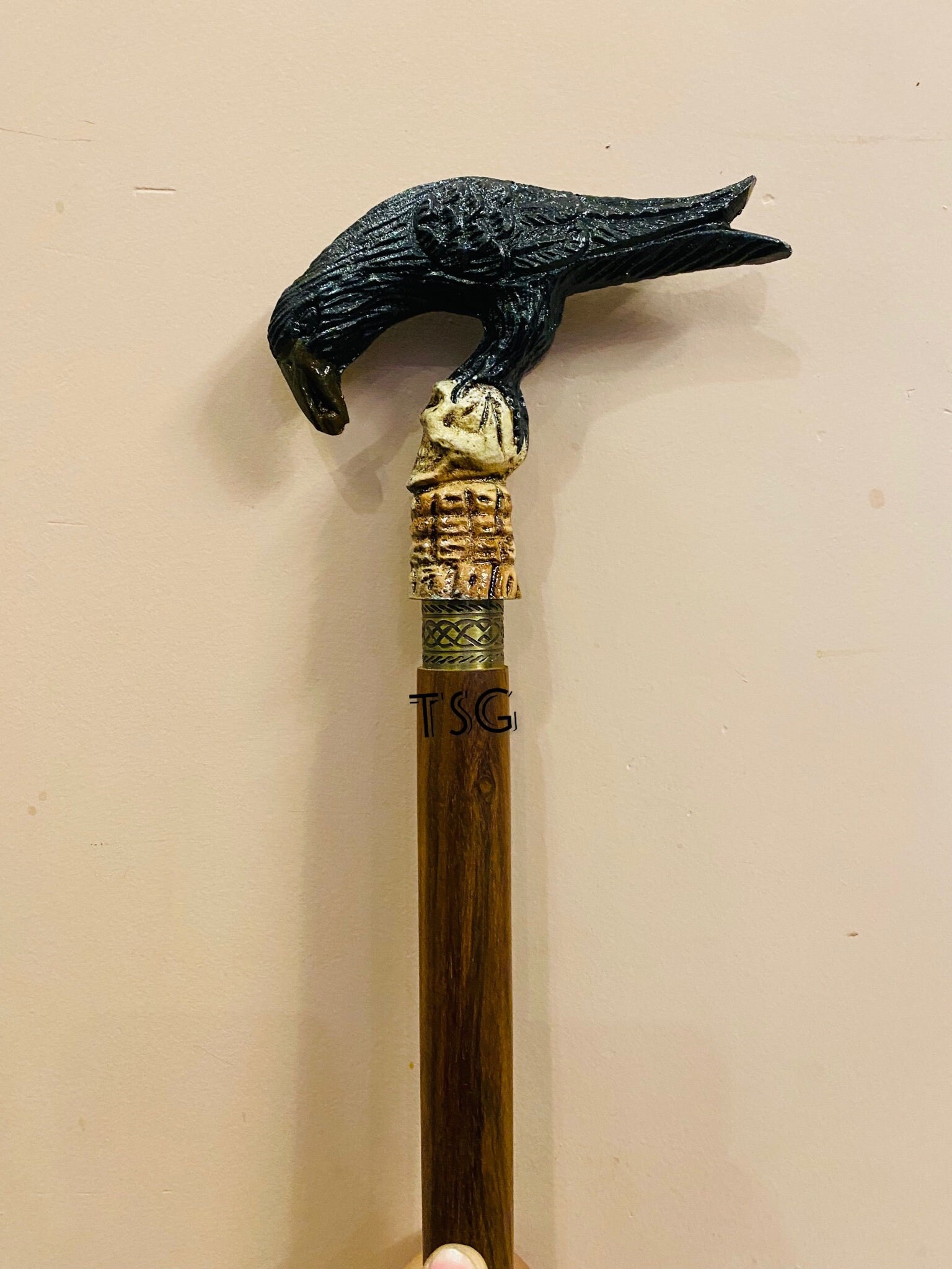 Falconry Walking Cane Fancy Skull & Crow Hand Carved Hand Art - Etsy
