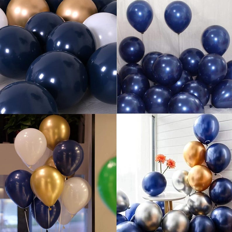 10 Inch NAVY BLUE Balloons With Gold Chrome, Silver Chrome, Confetti ...