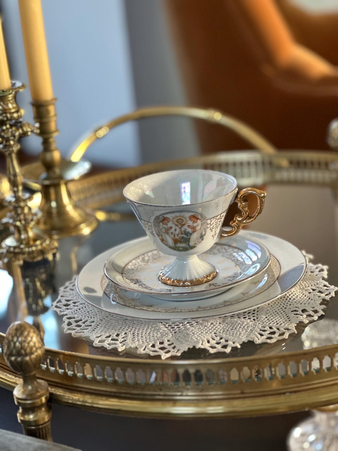 Vintage First Communion Porcelain Tea Set: Gilded Angel Cup, Lustreware ...