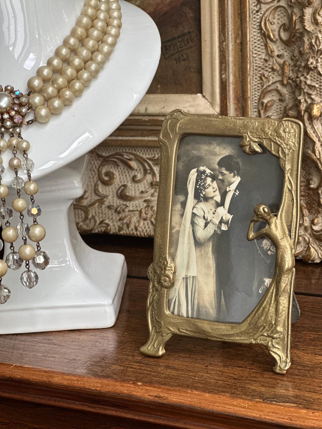 Antique Art Nouveau Brass Picture Frame: Lady Relief Easel Display ...