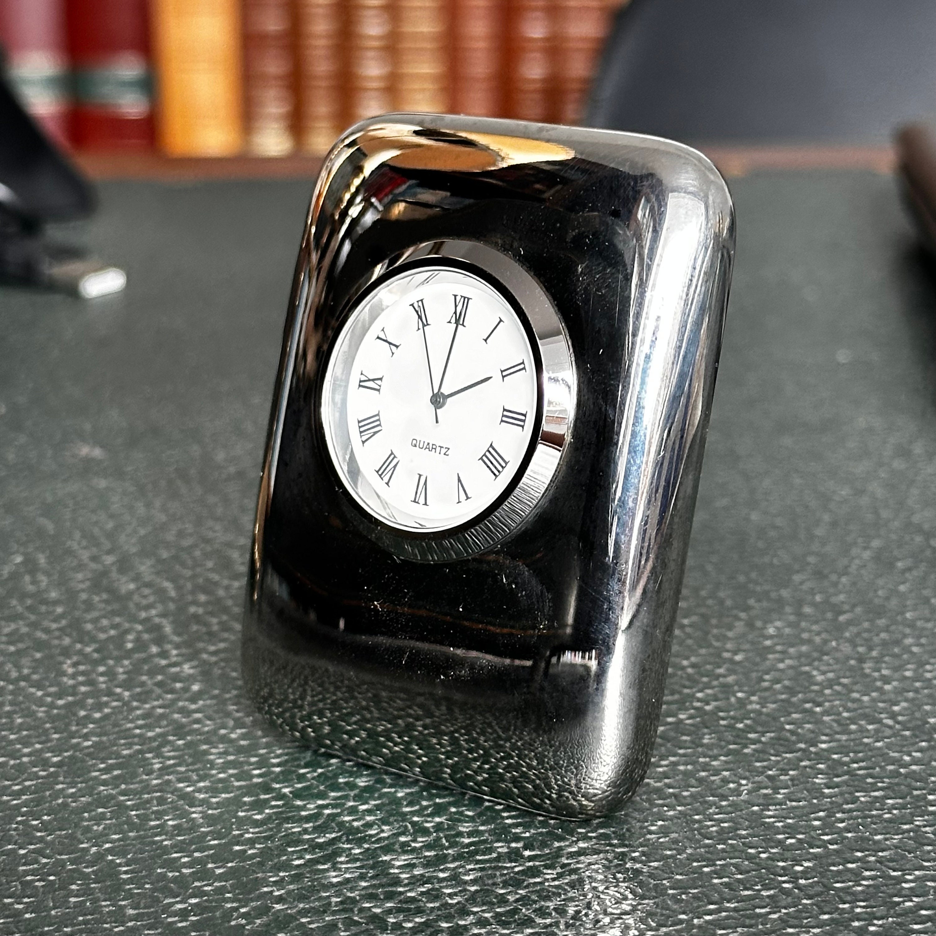 80s Vintage - Silver Plated Analogue Desk Clock - Paperweight - Battery ...