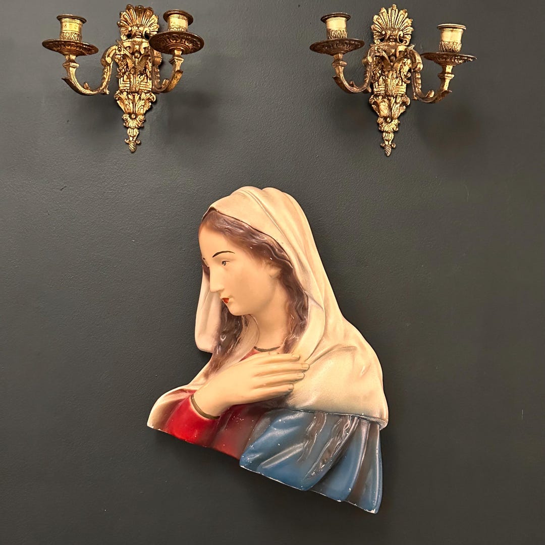 Mother Mary Plaster Bust Handpainted Wall Decoration 50s Vintage True ...