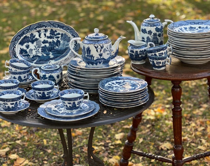 59-piece Vintage English Blue & White Willow Dinner and Tea Set – High ...