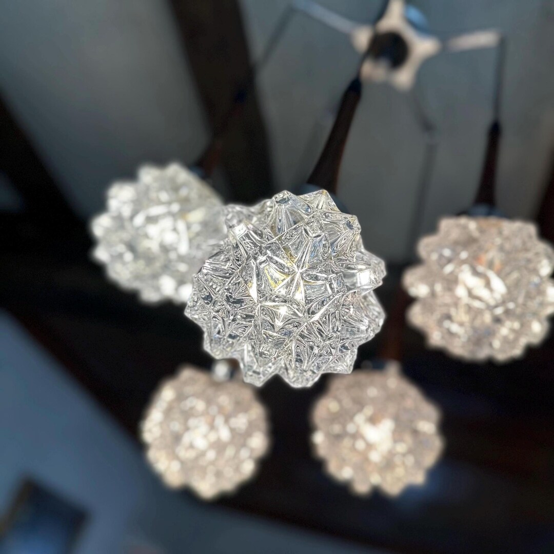 Mid-century Modern Crystal Glass Chandelier – 5-pendant Teak & Chrome ...