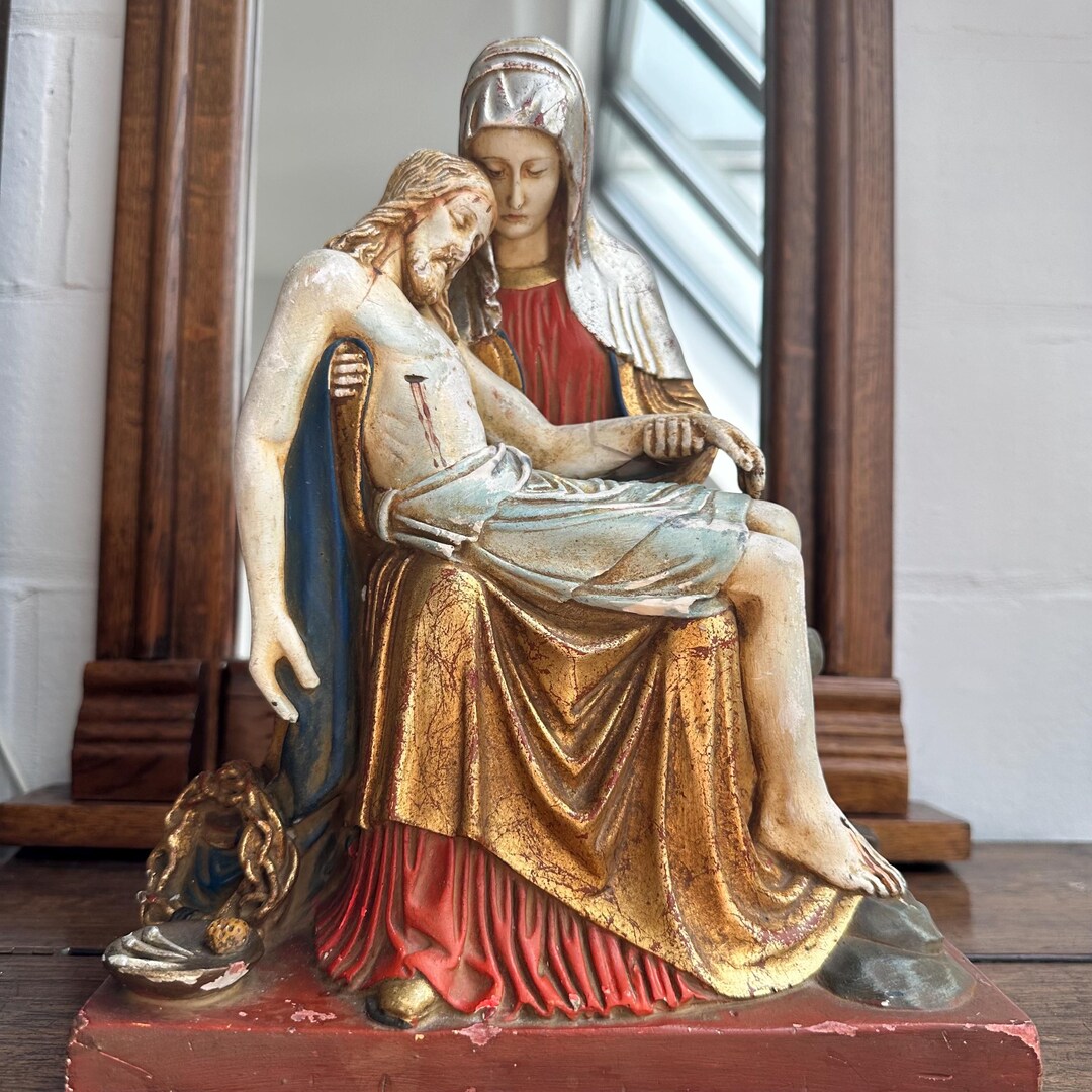 Vintage Polychrome Pietà Statue - Sacred Catholic Devotional Art – 29cm ...