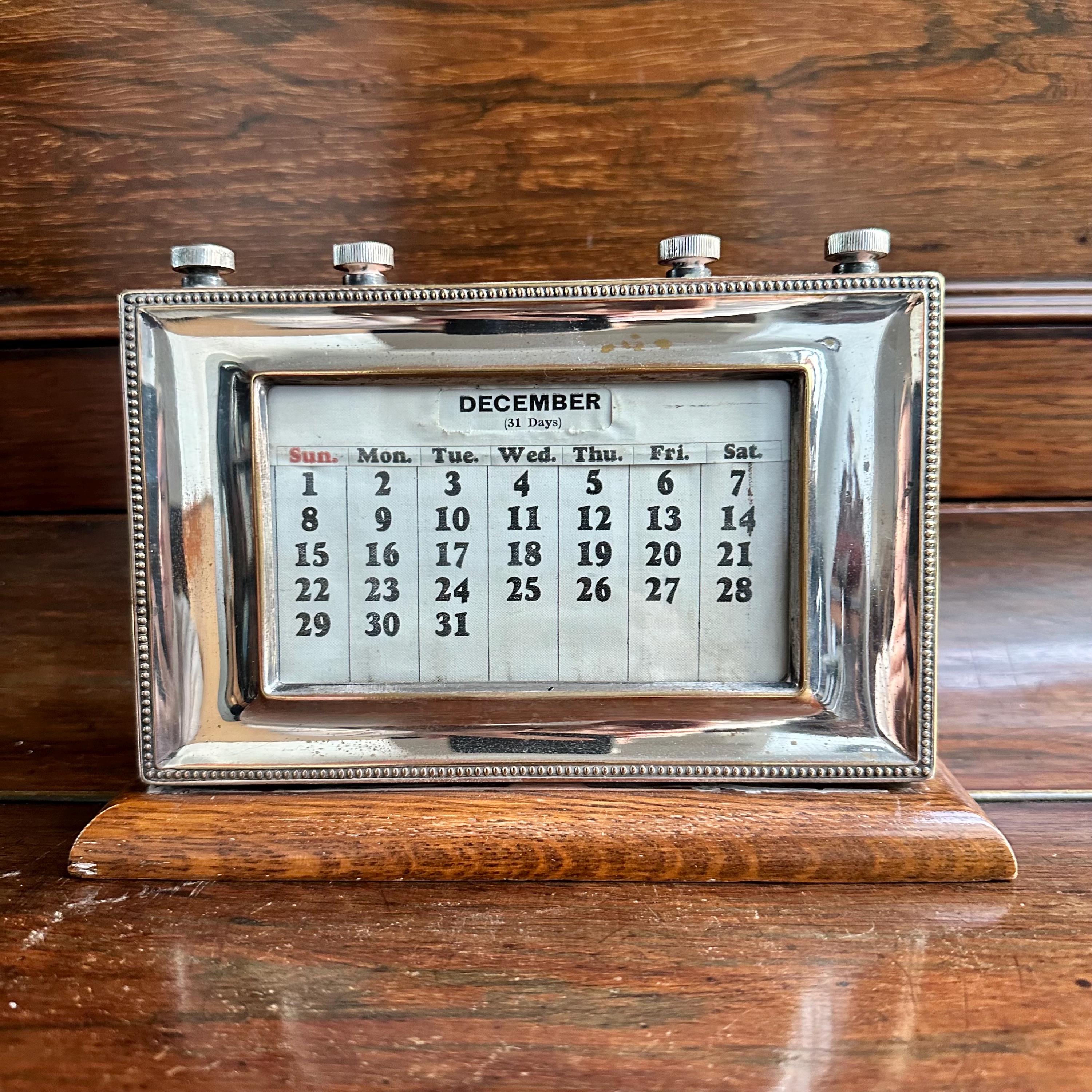 Vintage Perpetual Desk Calendar – English Silver Plated Oak – Mid ...