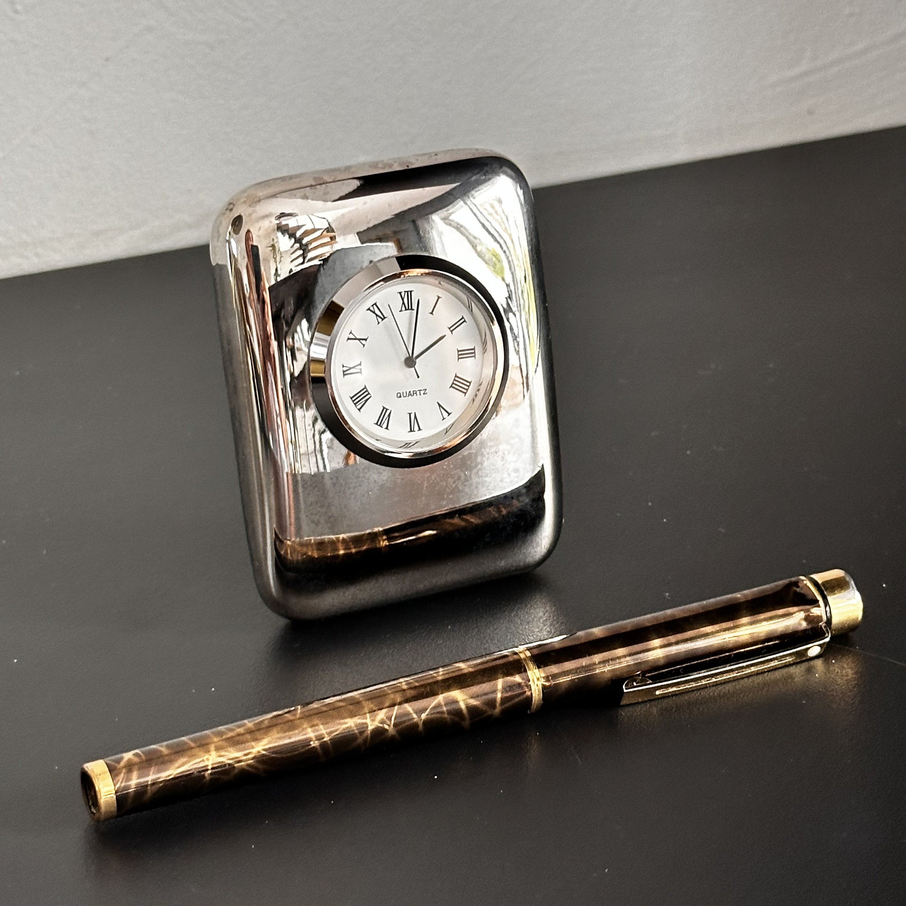 80s Vintage - Silver Plated Analogue Desk Clock - Paperweight - Battery ...