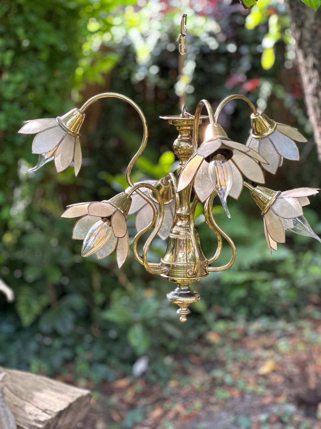 French Vintage Capiz Shell Flower Ceiling Light Hollywood Regency Style ...