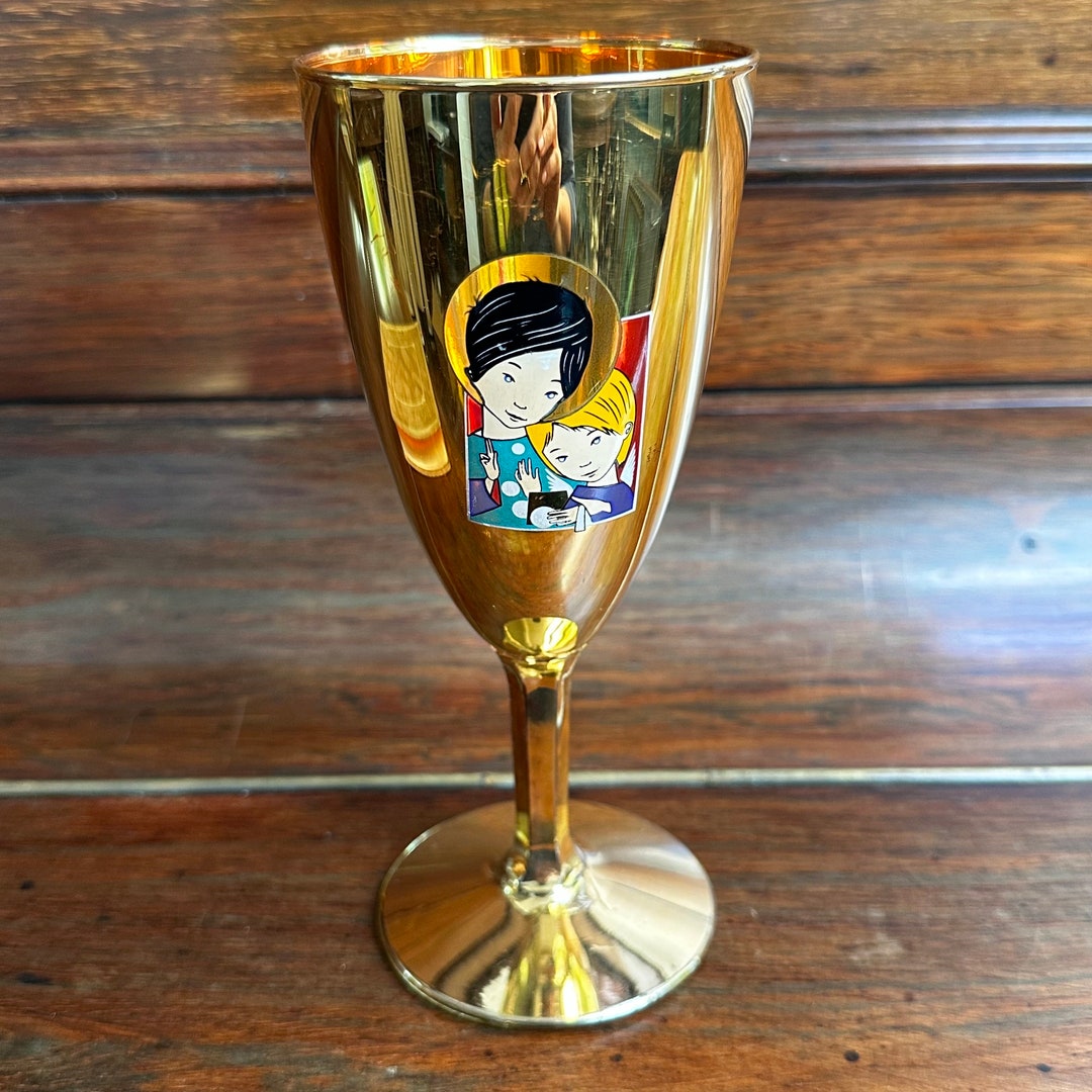 Vintage Gilt Glass Chalice With Modern Holy Family Illustration – 17 Cm ...