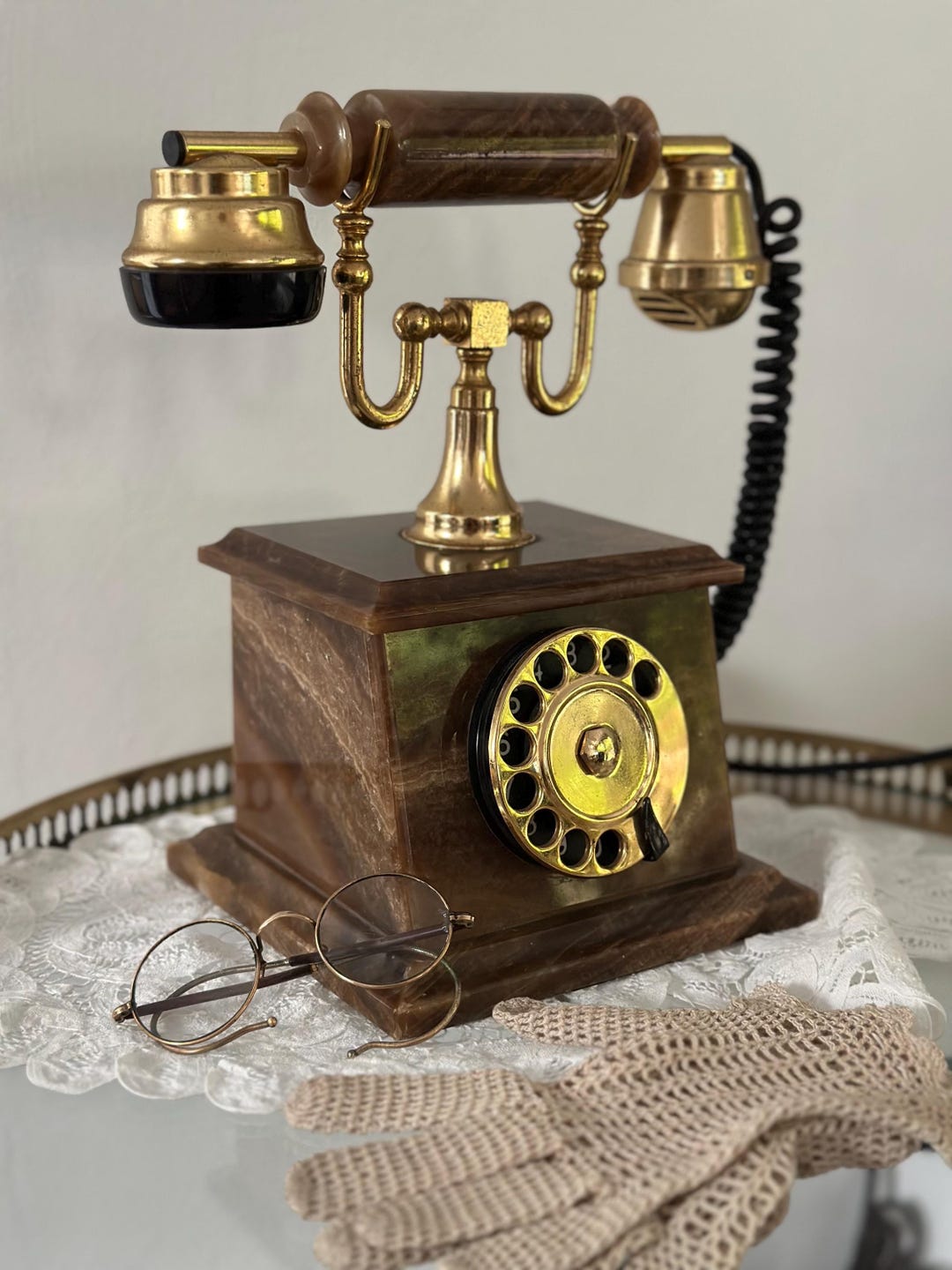 Vintage Rotary-style Telephone in Real Marble and Brass-tone Metal ...
