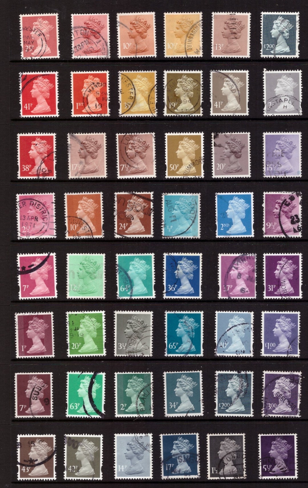 Rainbow Set of 48 GB British Machin Postage Used Stamps for Collecting ...