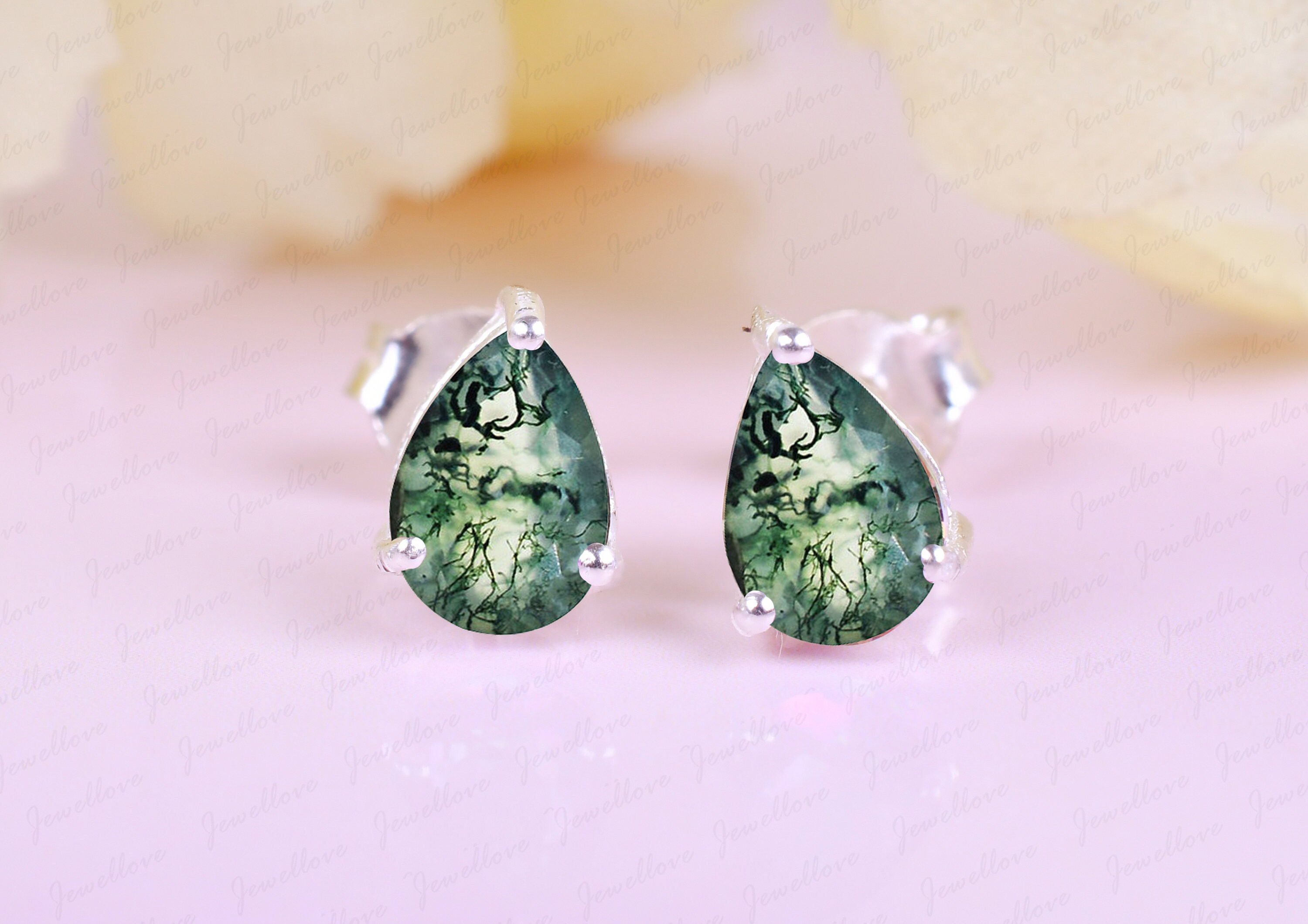 Moss Agate Earring Studs, Green Pear Cut Agate Earrings, Birthday Gift ...
