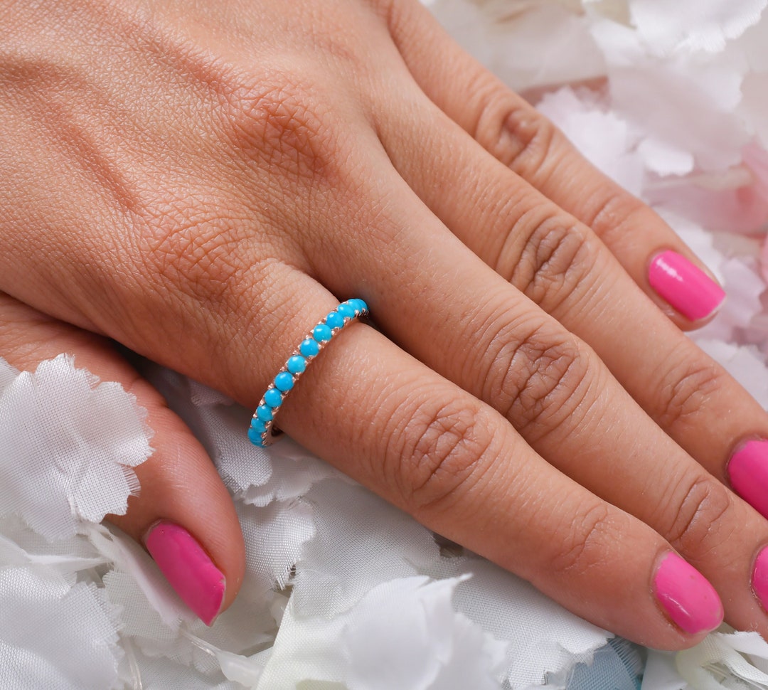 Turquoise Full Eternity Band Ring, Engagement Ring, 14K Gold Plated ...