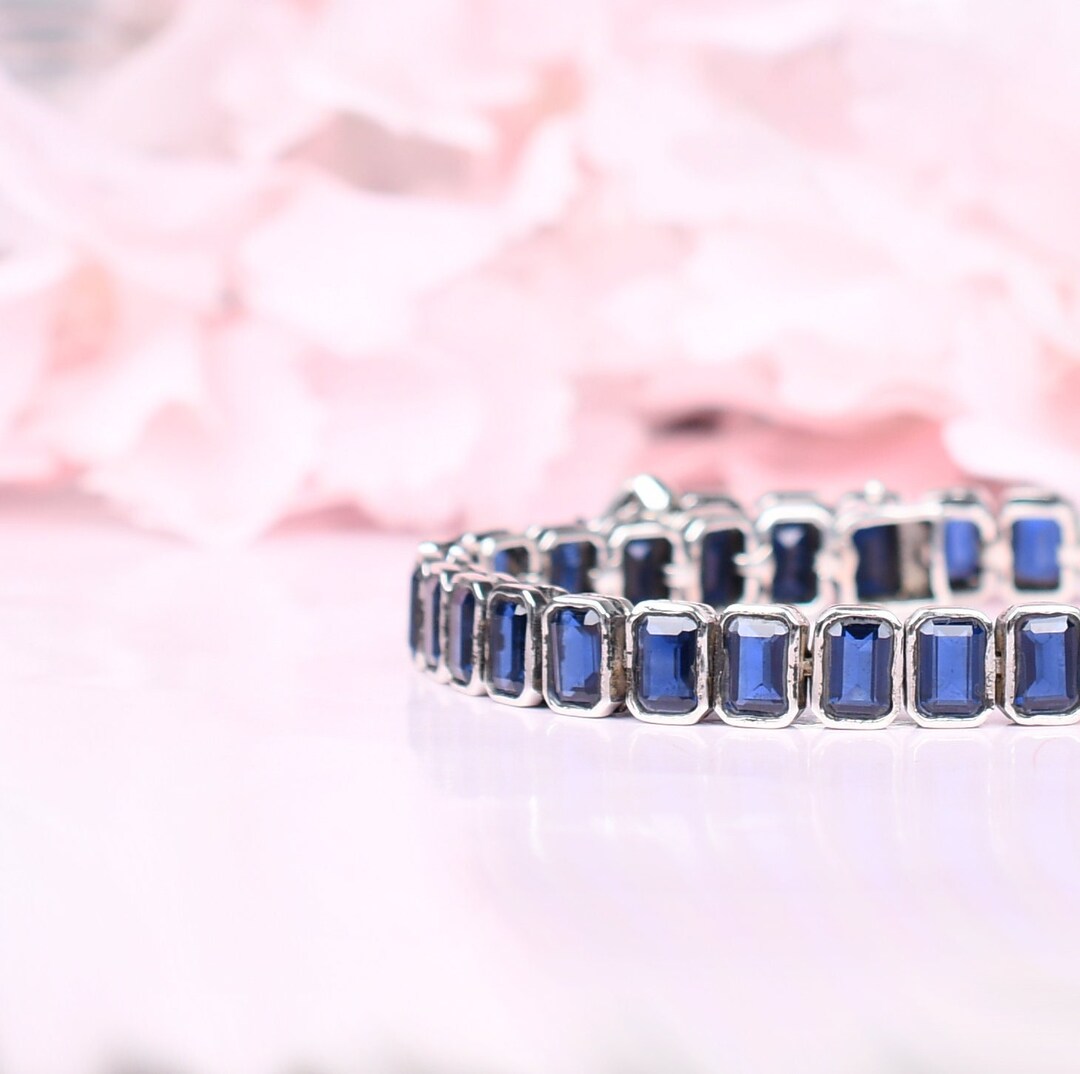 14K blauer Saphir-Tennis-Kettenarmband, Saphir-Schmuck, einzigartiges Tennis-Armband, Armband ...