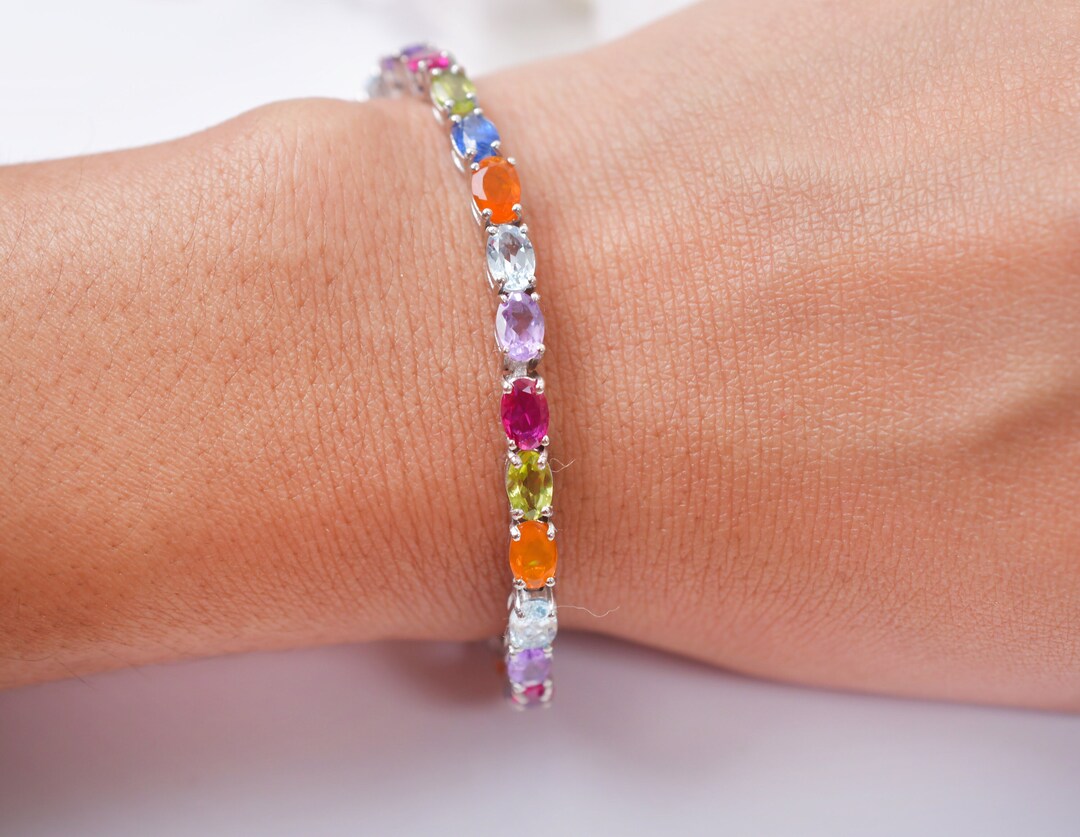 Oval 6x4 Multi Gemstone Bracelet, Multi Color Tennis Bracelet, Rainbow ...