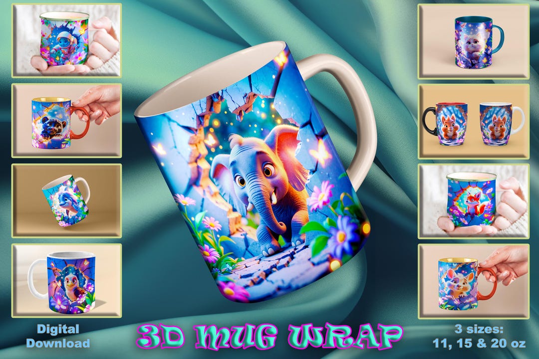 Cartoon Mug Sublimation Design: 3D Animal Print (digital Download) - Etsy