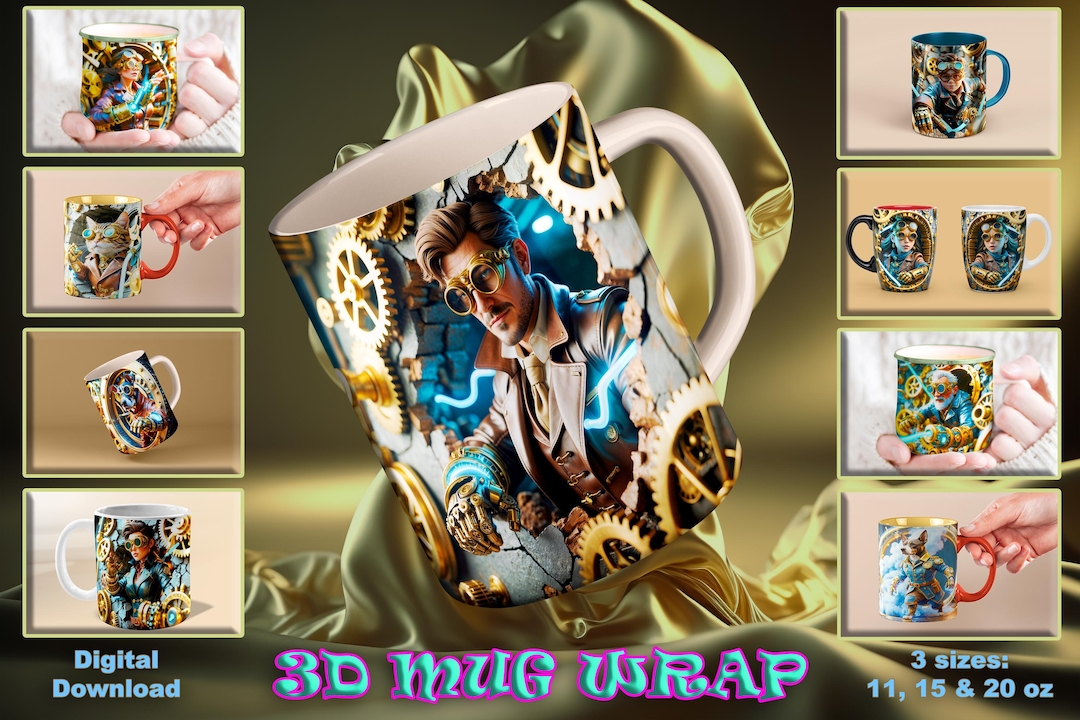 Steampunk Mug Sublimation Design: 3D Character Mug Wrap (digital ...