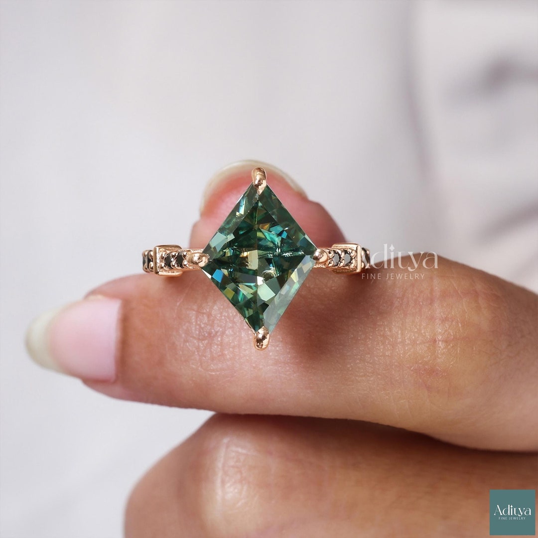 Vintage Lozenge Cut Green Moissanite Engagement Ring, Unique 14K Yellow ...
