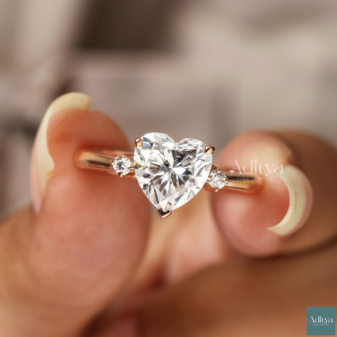 Three Stone Heart Cut Engagement Ring Unique Dainty Gold Wedding Ring ...