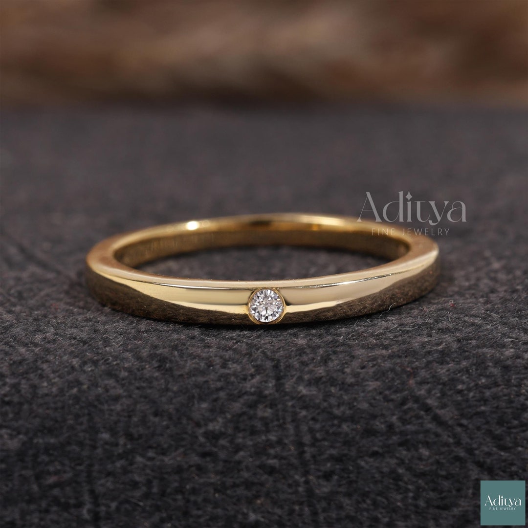 14K Yellow Gold Single Diamond Ring Band, Flush Set Diamond Wedding ...