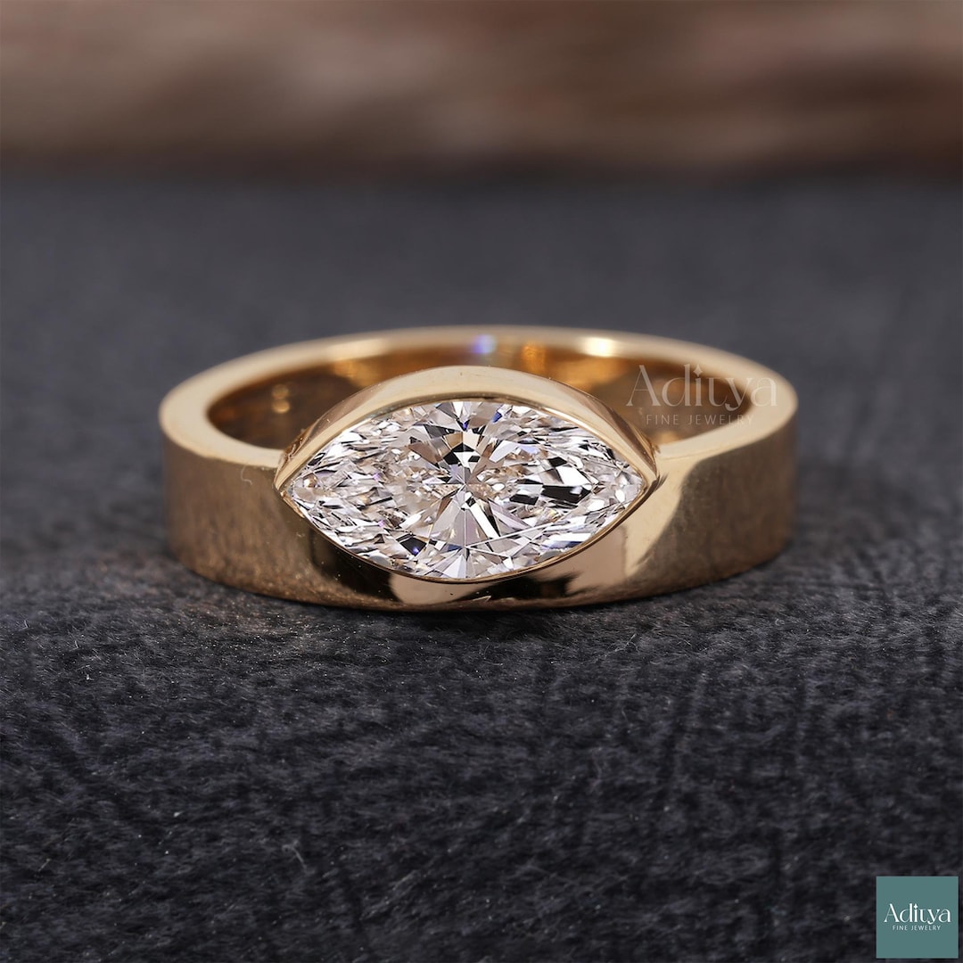 East West Marquise Moissanite Engagement Ring 14K Gold Solitaire Bezel ...