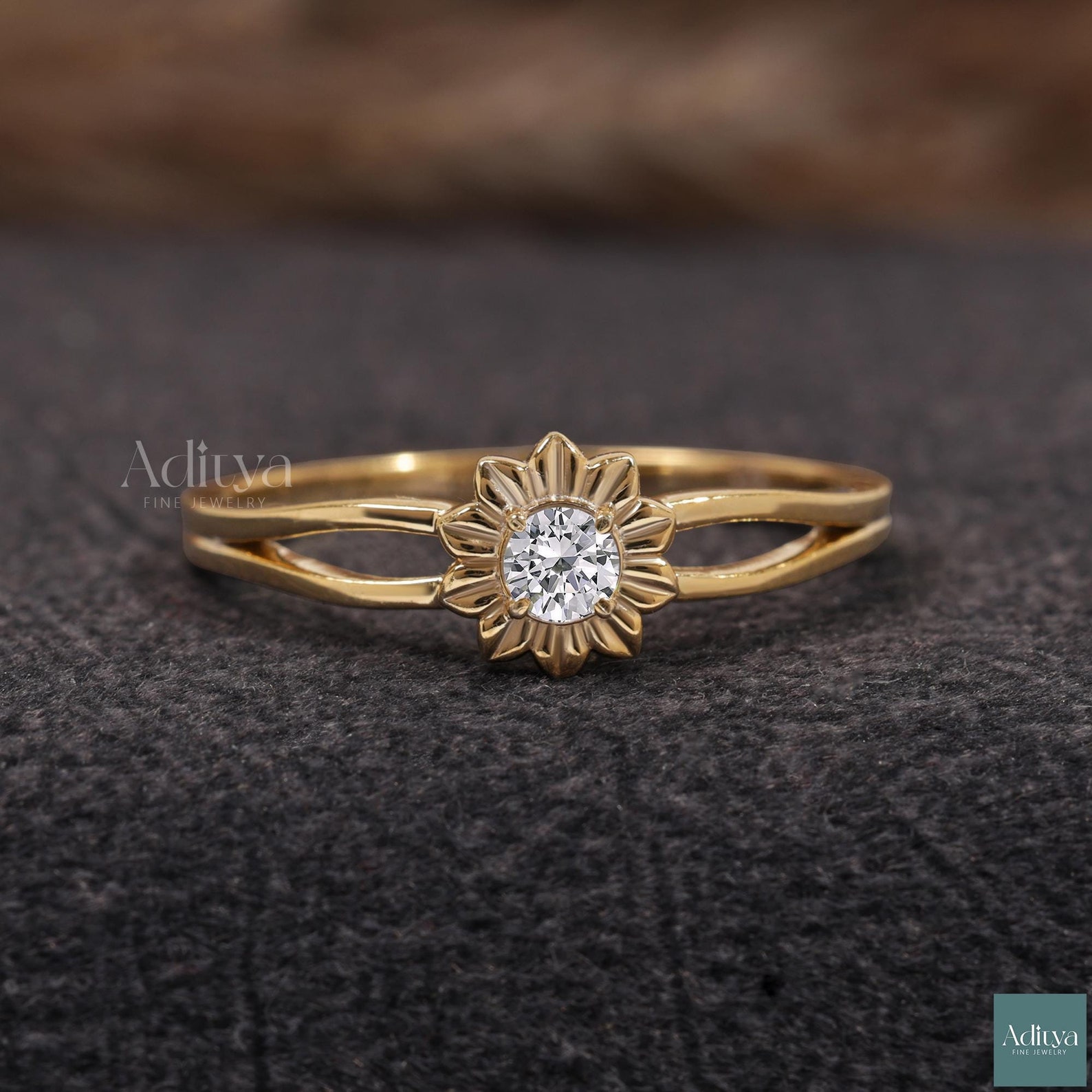 14K Solid Gold Sunflower Diamond Ring Round Cut Diamond Engagement Ring ...