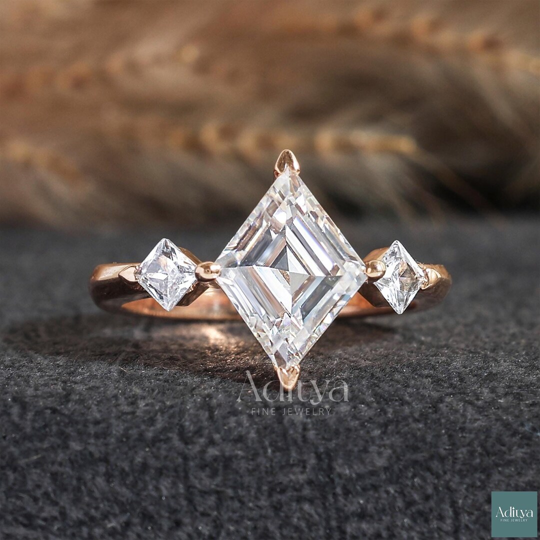 Lozenge & Square Cut Three Stone Engagement Ring for Women 14K Yellow ...