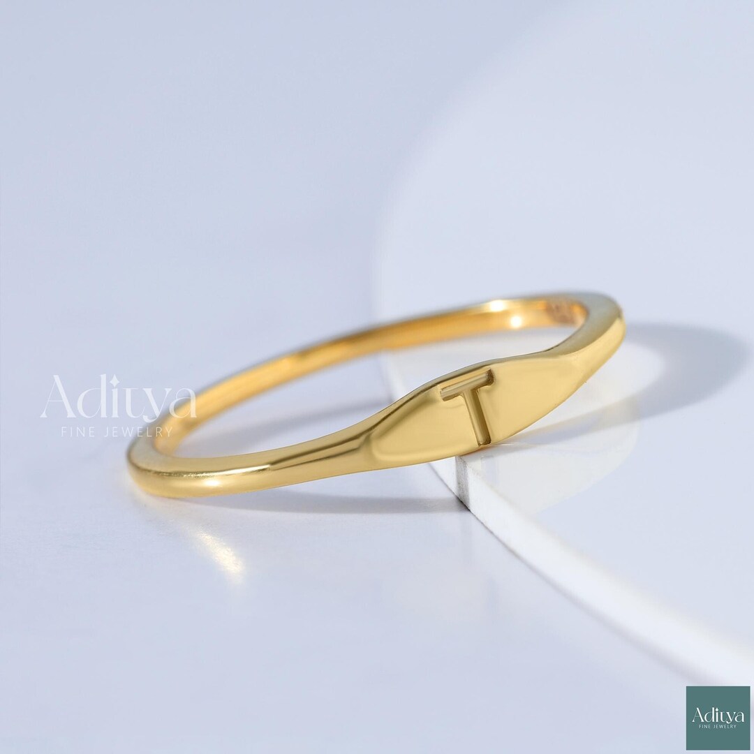 14K Gold Initial Ring, Tiny Letter Ring, Stackable Initial Engraved Ring, Personalized Signet ...