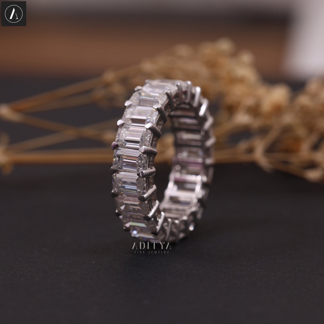 Emerald Cut Moissanite Full Eternity Band, Sparky Diamond Wedding Band ...