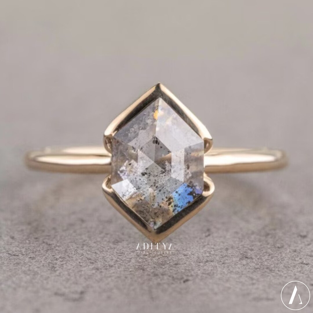 Salt and Pepper Diamond Engagement Ring 14K Gold Hexagon Diamond Ring ...