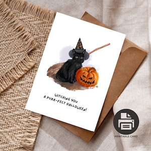 Funny Halloween Printable Card Black Cat Halloween Card Witch Halloween ...