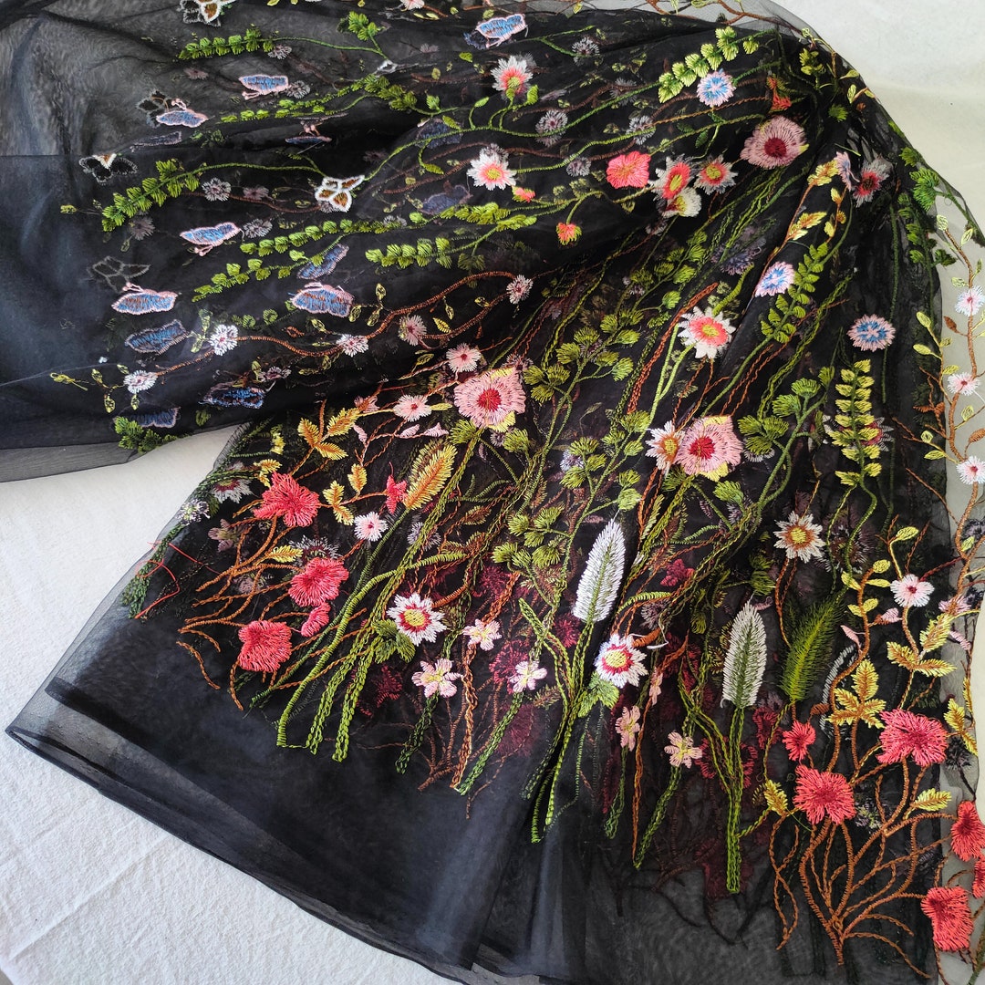 Colourful Floral Embroidered Black Tulle Fabric, Butterfly Tulle Dress ...