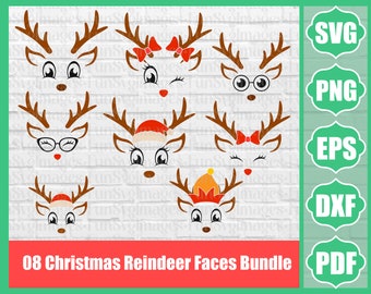 Christmas Reindeer Faces Svg Png Bundle, Girl Reindeer SVG, Boy ...