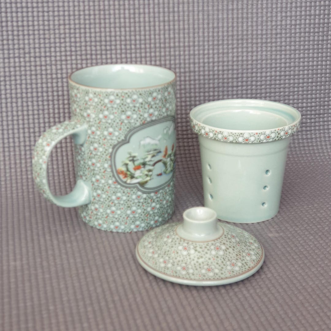 Vintage Three Piece Porcelain Japanese Tea Infuser Moriage FLOWERS ...