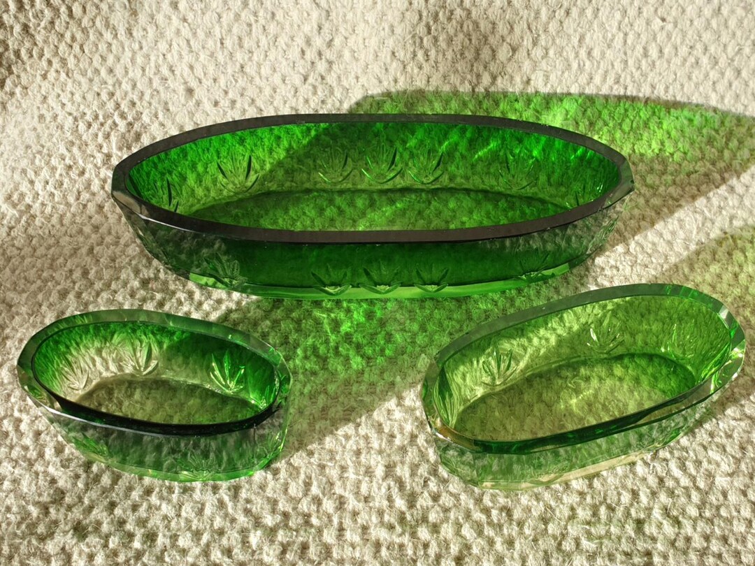 Vintage Set of 3 Green Glass Containers - Etsy