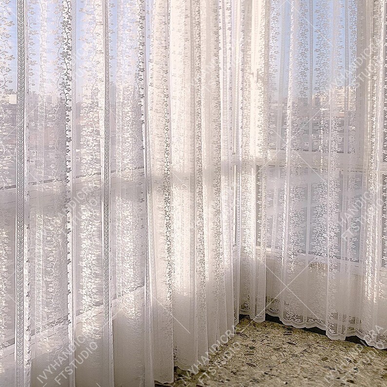 White Embroidered Floral Lace Curtain, Elegant Semi Sheer Drapes for ...