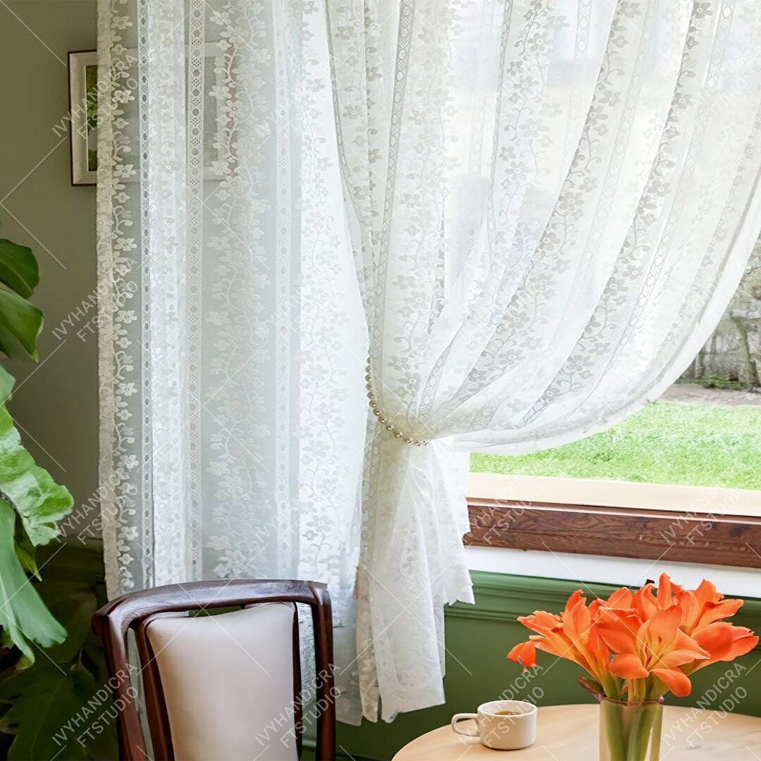 White Embroidered Floral Lace Curtain, Elegant Semi Sheer Drapes for ...