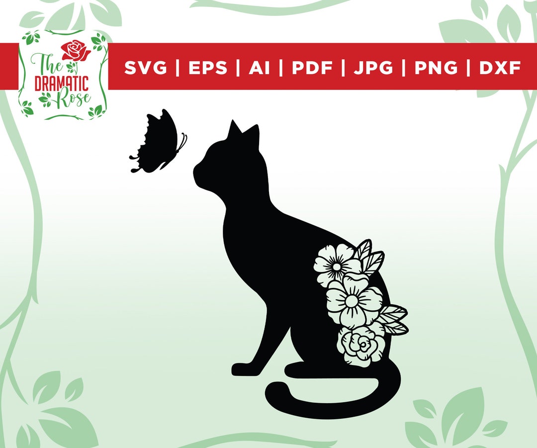 Cat With Flowers Svg, Floral Cat Svg, Cat Black Silhouette, Floral Cat ...