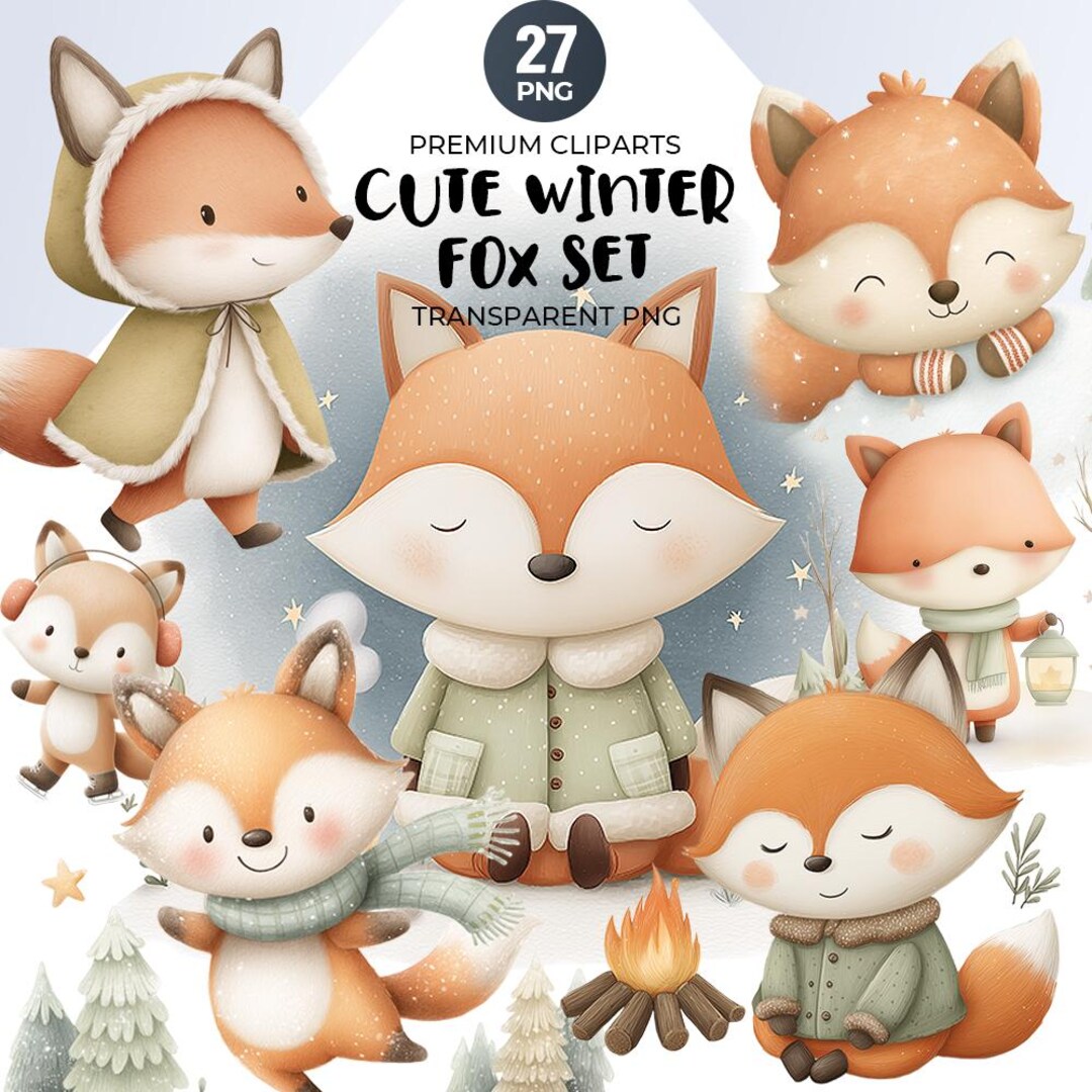 28 PNG Winter Fox Clipart Bundle – Cute Watercolor Set - Etsy