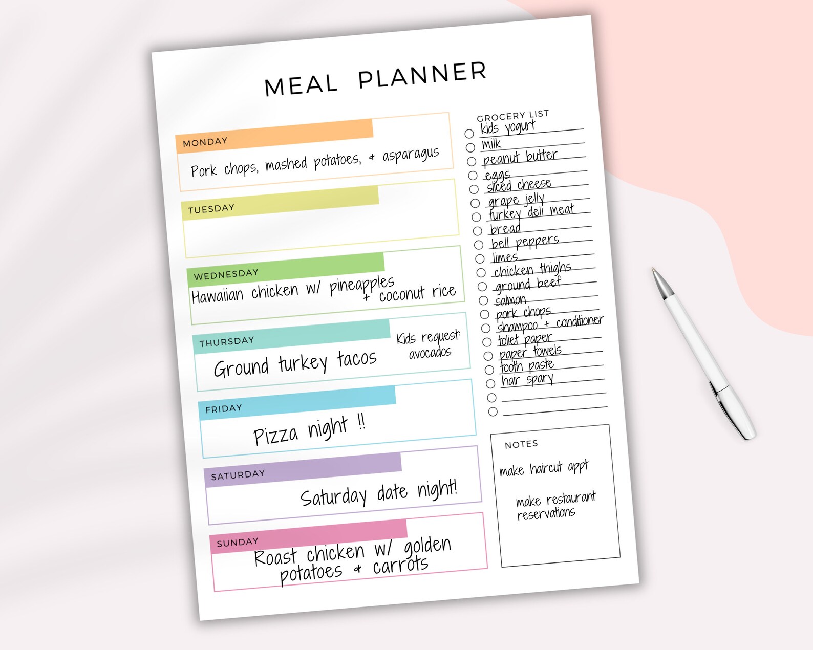 Printable Weekly Meal Planner With Grocery List Template, Weekly Menu ...