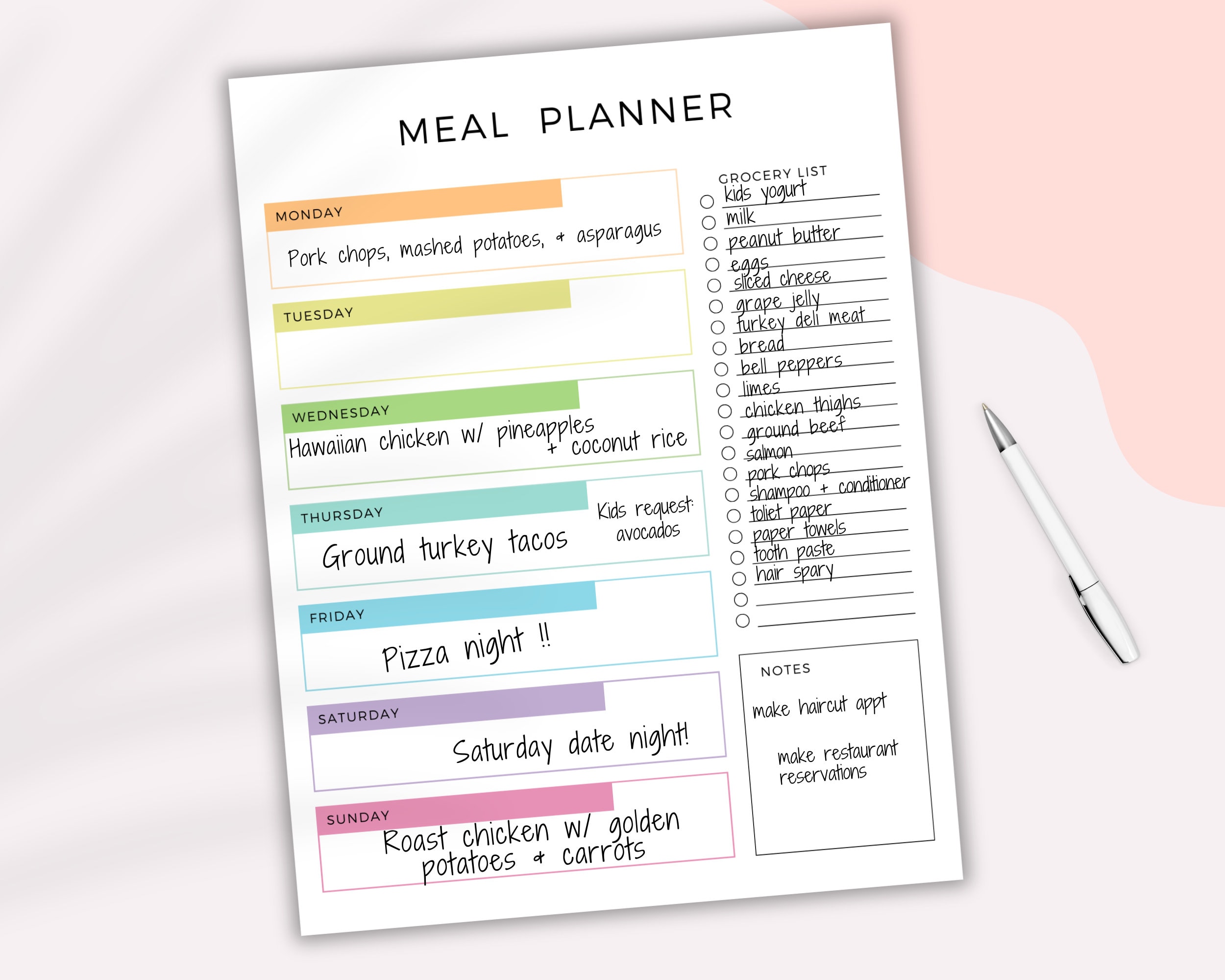 Printable Weekly Meal Planner With Grocery List Template, Weekly Menu ...