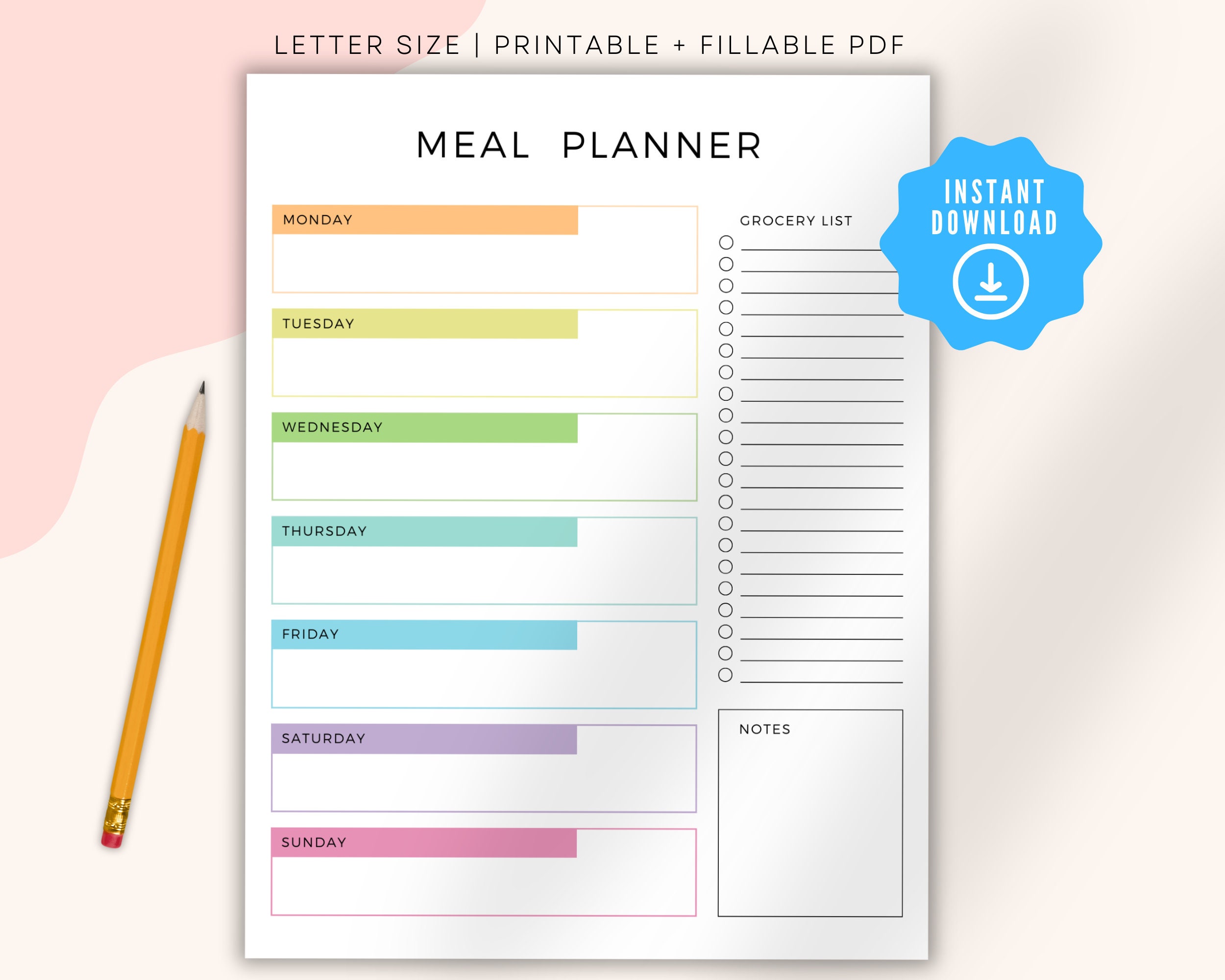 Printable Weekly Meal Planner With Grocery List Template, Weekly Menu ...