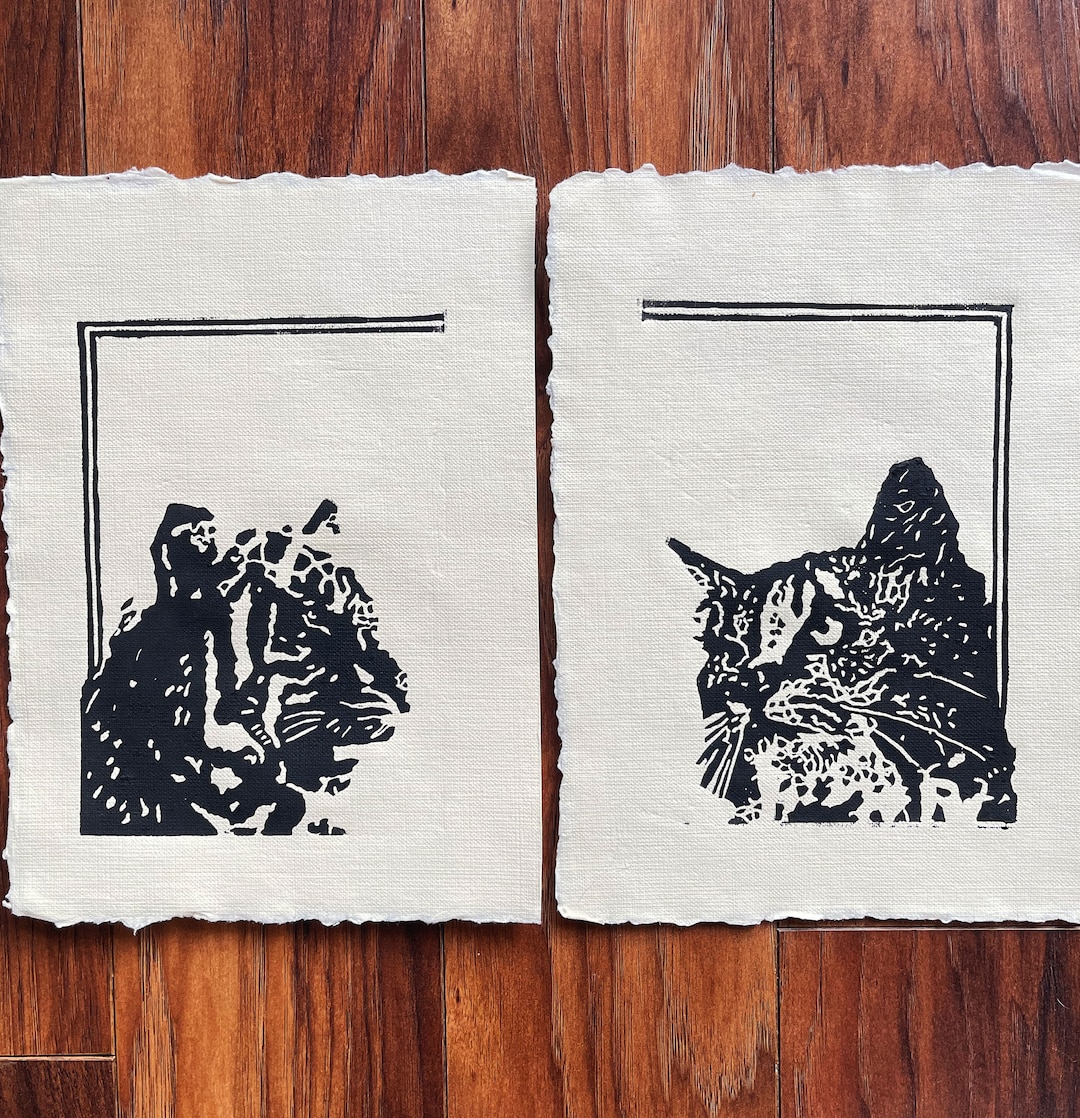 Linocut Print Cats, Cat Art Print, Small Art Print Set, Hand Block ...