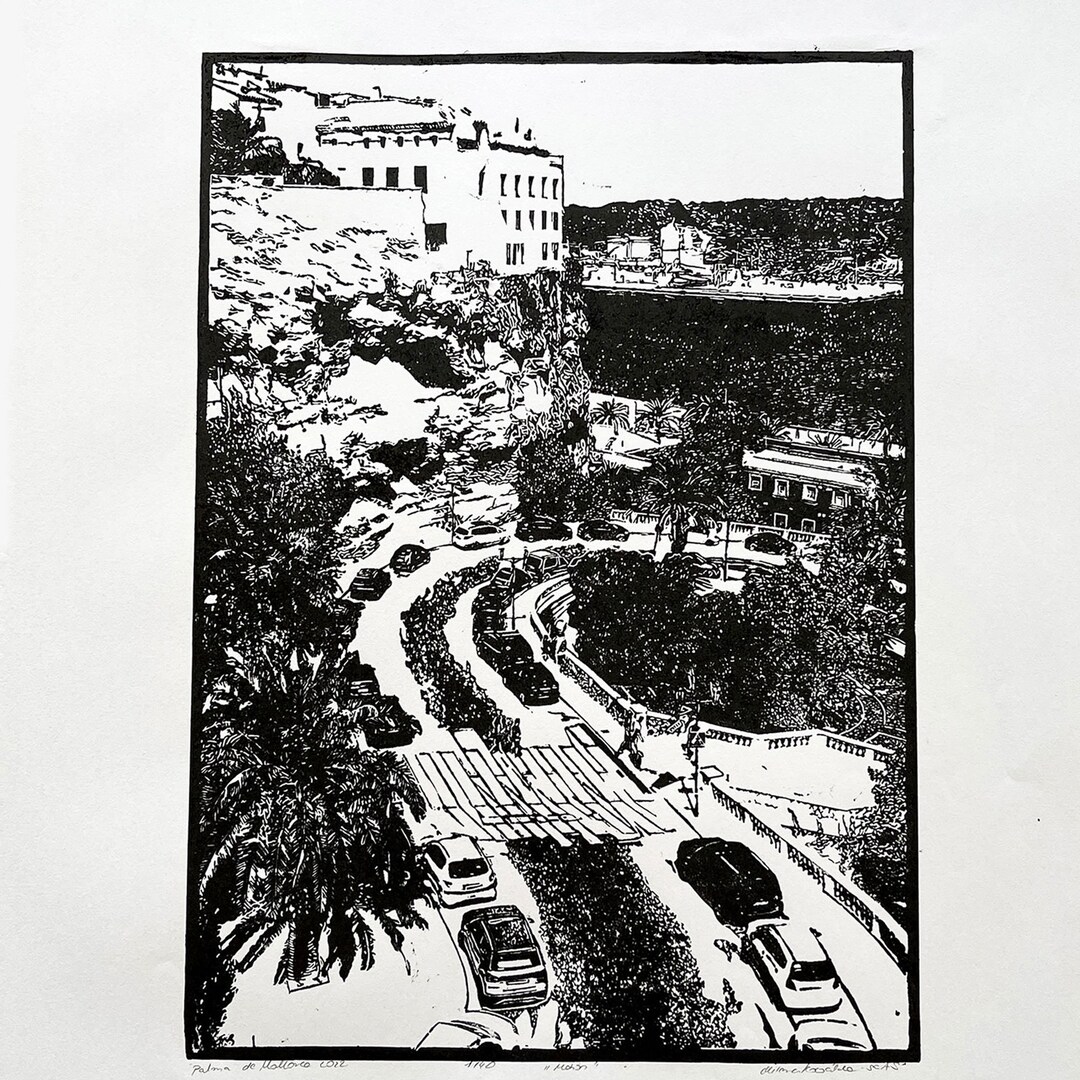 Menorca Cityscape Linocut Print, Black and White Spain Art (11.6x16.1 ...